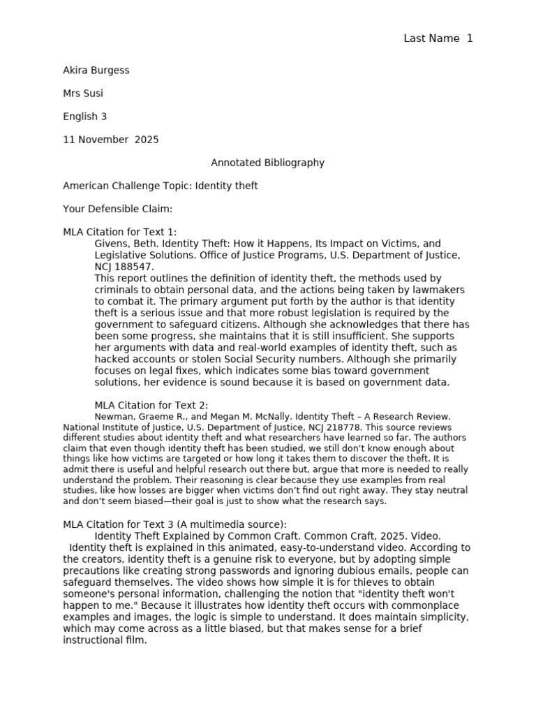 H-CP Annotated Bibliography Template Instruction | PDF | Identity Theft