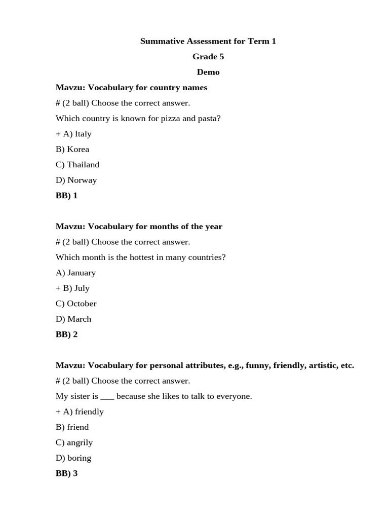 Grade 5 Vocabulary Assessment Guide | PDF | Syntax | Grammar