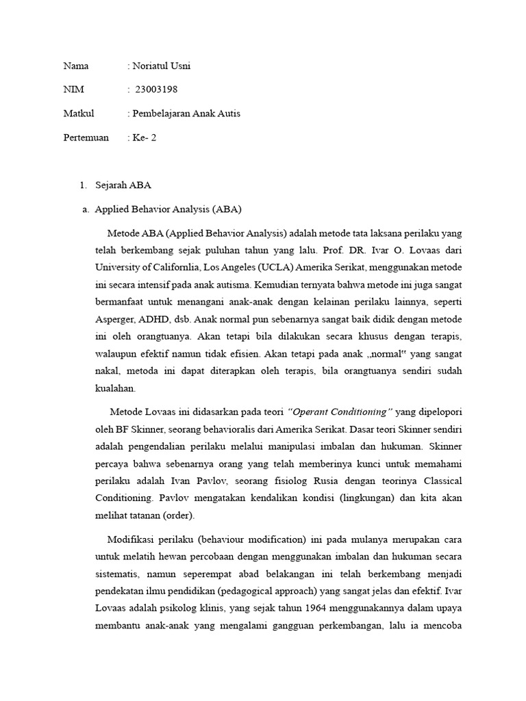 Metode ABA untuk Anak Autis dan Perilaku | PDF