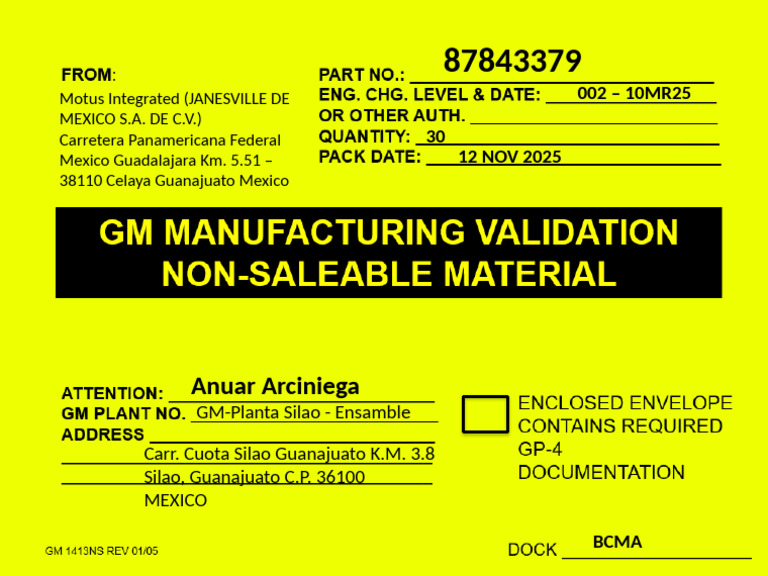 GM - Label - NON SALEABLE 13 NOV - NP 79 FENDER | PDF