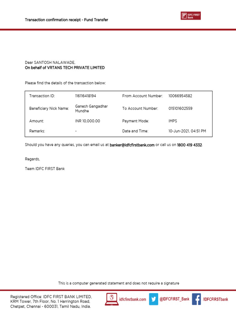 IDFC FIRST Bank Transaction Receipt1623324093407 | PDF