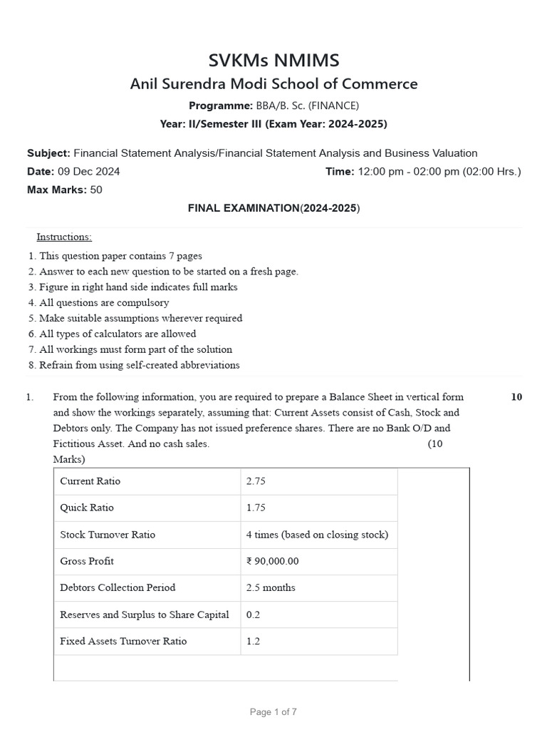 Financial Statement Analysis Exam 2024 | PDF | Income Statement | Free ...