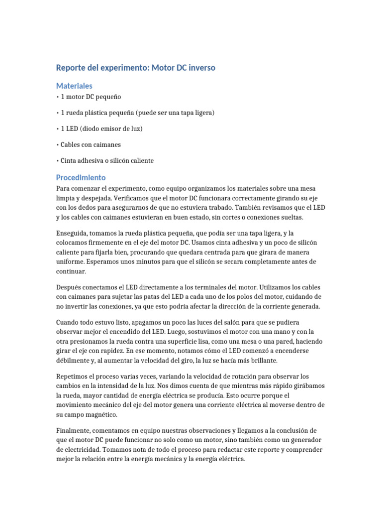 Reporte_Motor_DC_Inverso_Con_Conclusion | PDF | Diodo emisor de luz | Ingenieria Eléctrica