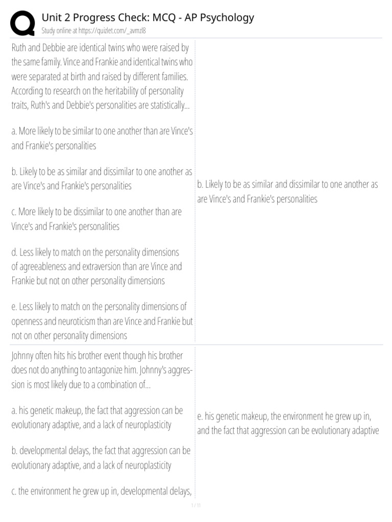 AP Psychology Unit 2 MCQ Progress Check | PDF | Neurotransmitter | Neuron