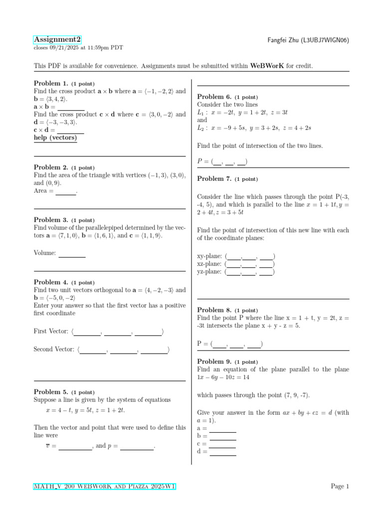 2025W1 V MATH V 200 WeBWorK and Piazza 2.L3UBJ7WIGN06.Assignment2 | PDF ...