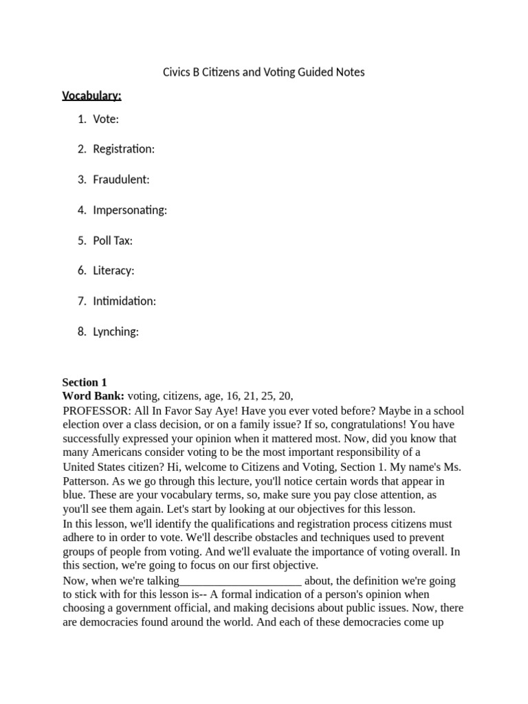 Civics B Citizens and Voting Guided Notes | PDF | Electoral Fraud ...