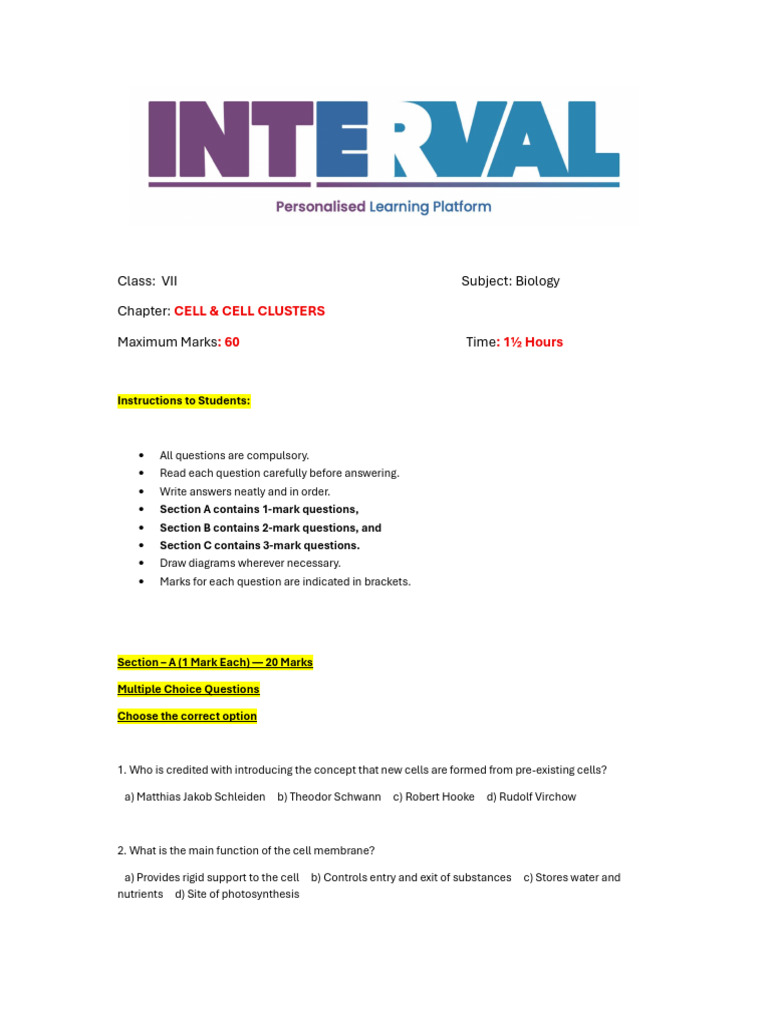 Cells and Cell Clusters Question Paper | PDF | Cell (Biology) | Cytoplasm