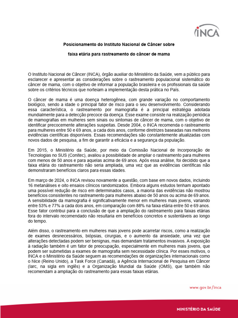 Rastreio do Câncer de Mama: Faixa Etária INCA | PDF | Triagem (Medicina ...