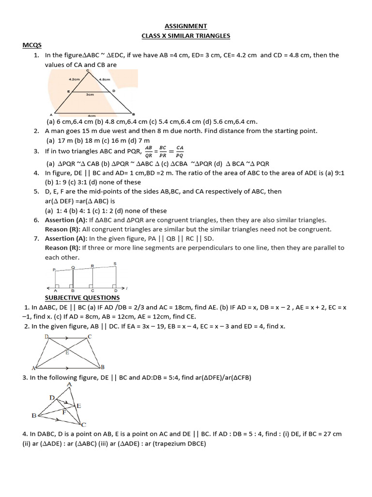 6 Ch. 6 ASSIGNMENT CLASS X SIMILAR TRIANGLES | PDF | Length | Classical ...