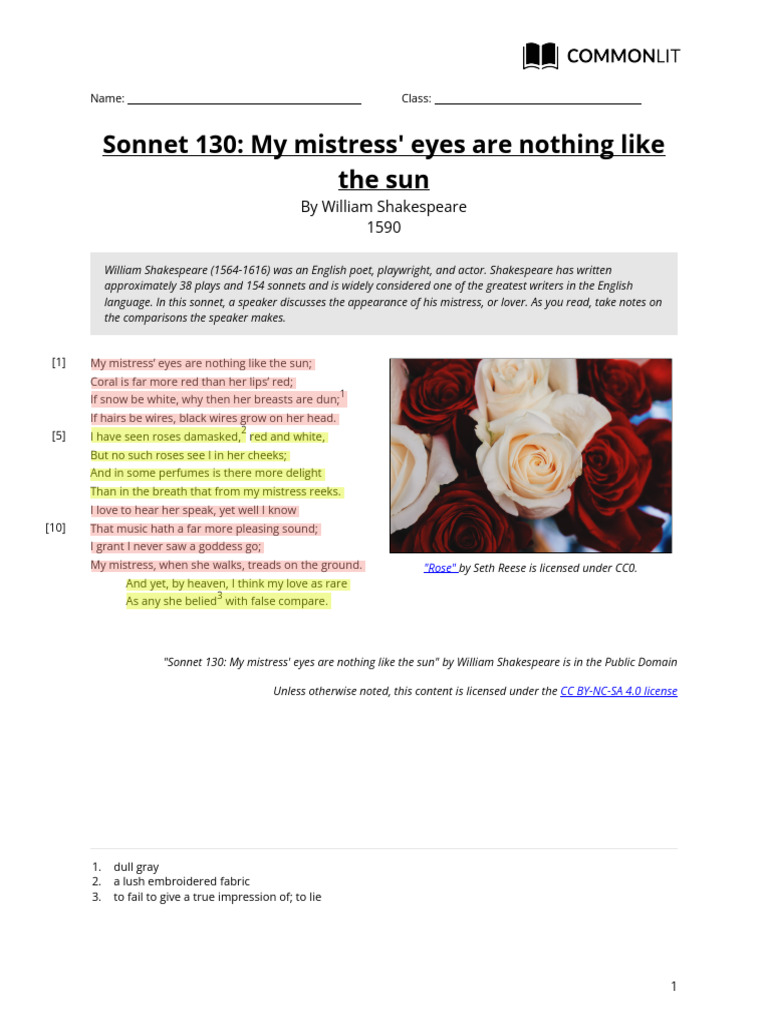 Sonnet 130 My Mistress Eyes Are Nothing Like The Sun-Teacher-12 | PDF ...
