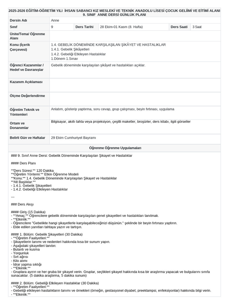 Anne Cocuk Sagligi 9 8 Hafta Gunluk Plan | PDF