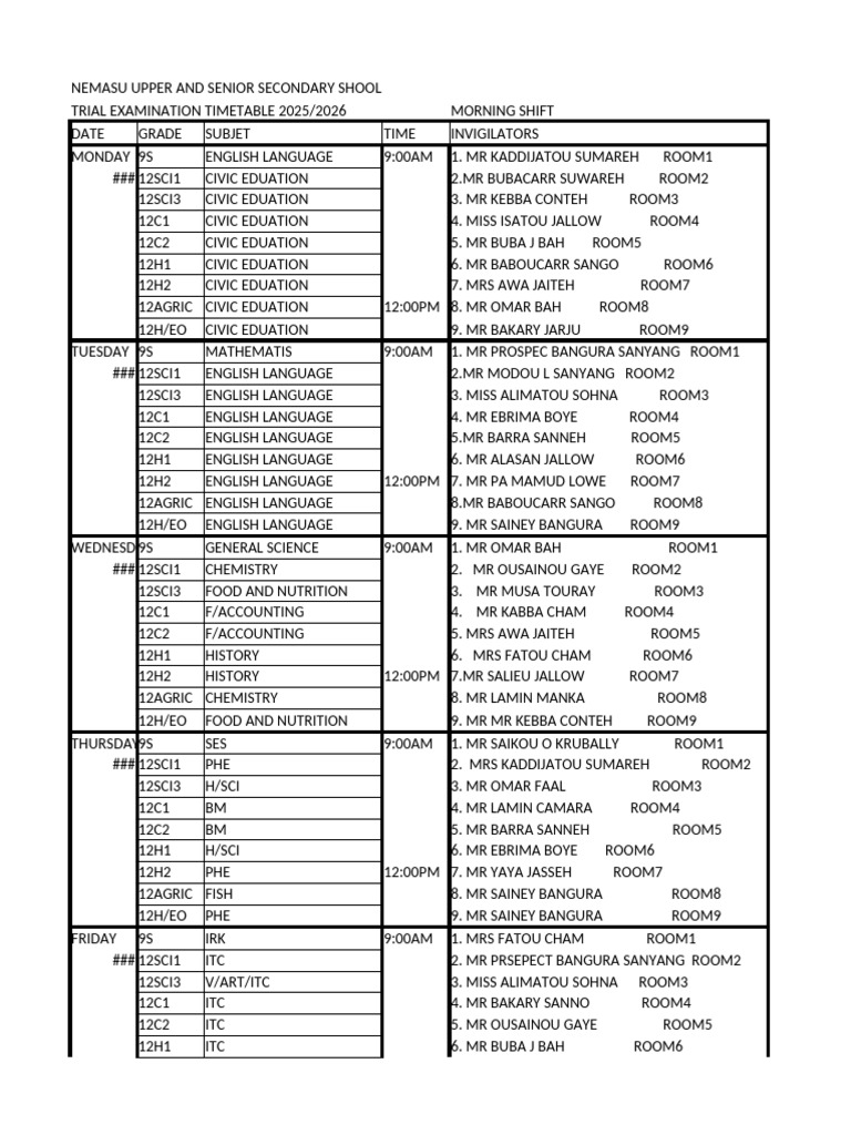 Trial 2026 Exams Timetable | PDF | Chess Theory | Chess Openings