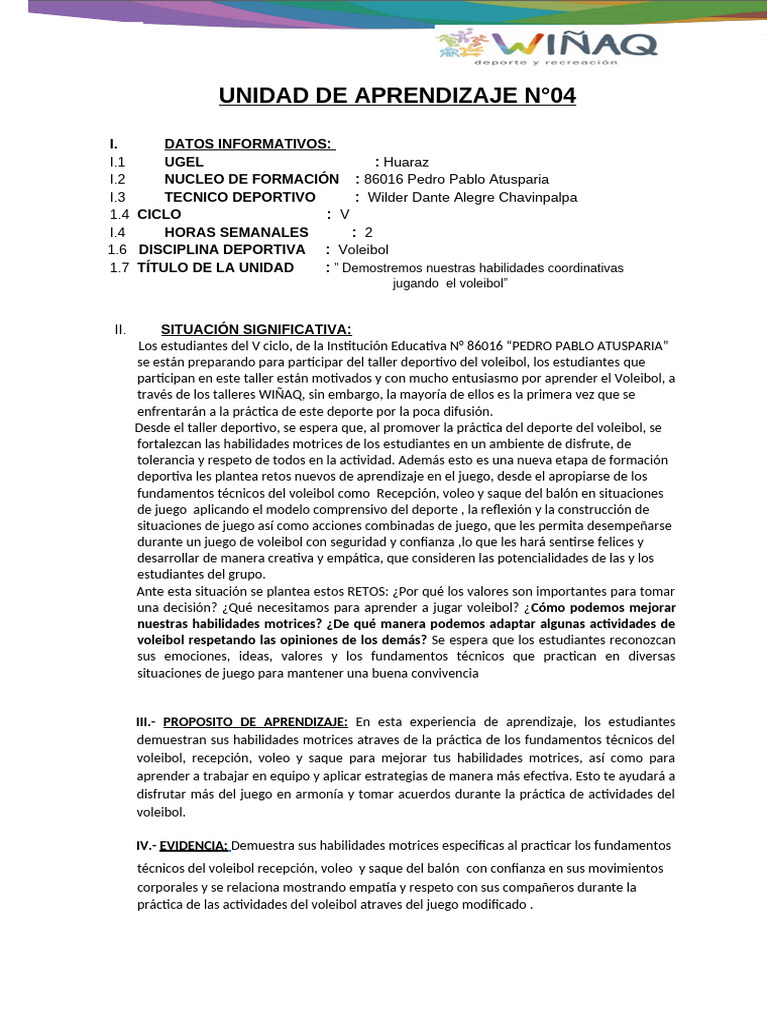 Unidad Didactica N 3 Voleibol v CICLO- Grado 2025 | PDF | Aprendizaje | Vóleibol