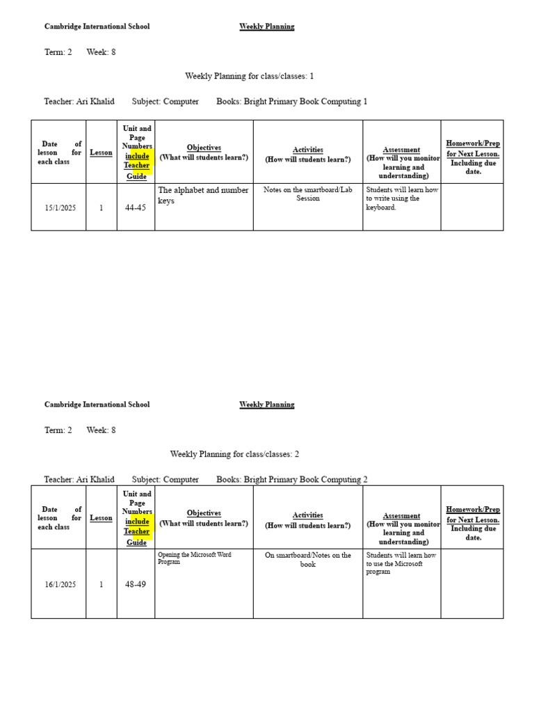 Weekly Planning 1-9 Ari Term 2 Week 8 | PDF | Computing