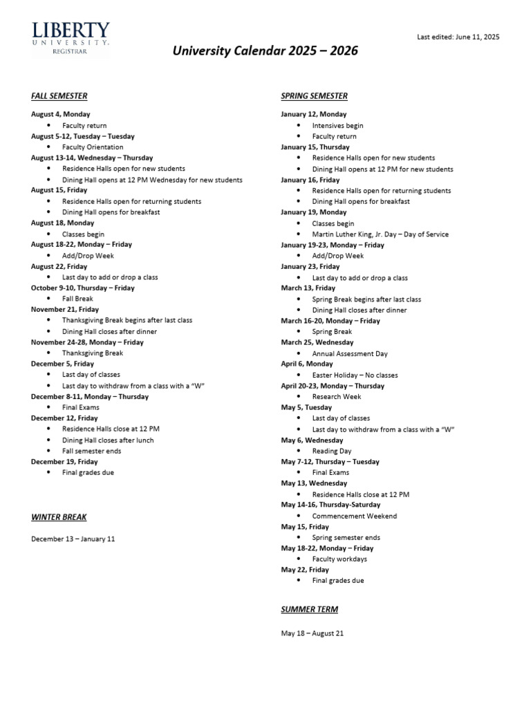 Liberty Academic Calender | PDF | Academic Term | Higher Education