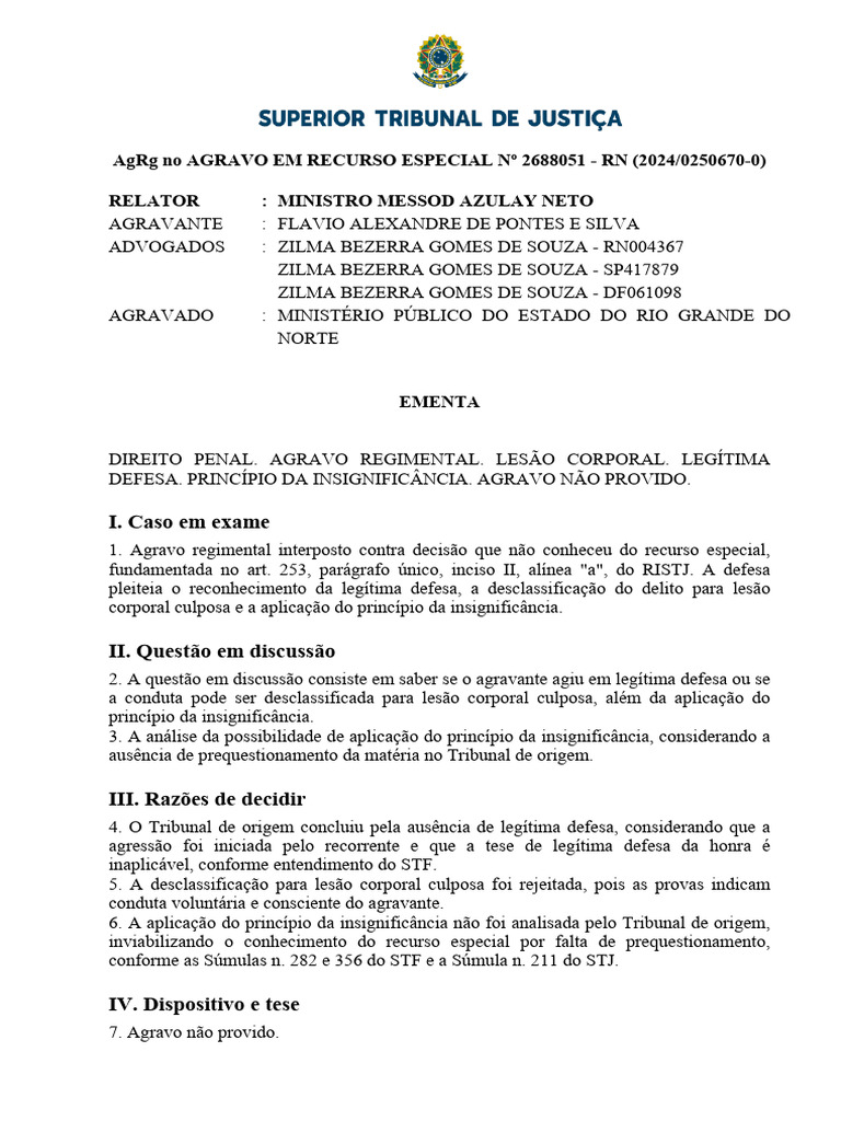 Agravo Regimental: Lesão Corporal e Defesa | PDF | Lesão corporal ...