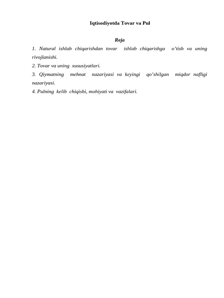 Iqtisodiyotda Tovar Va Pul | PDF