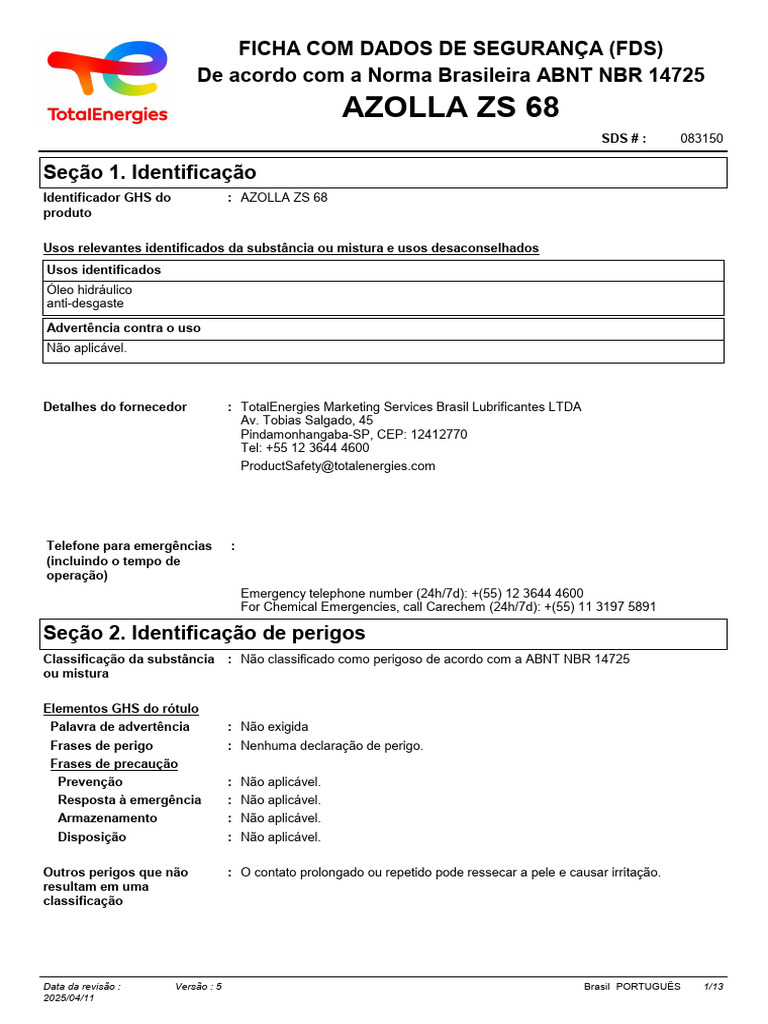 Ficha de Segurança AZOLLA ZS 68 | PDF | Desperdício | Reciclagem