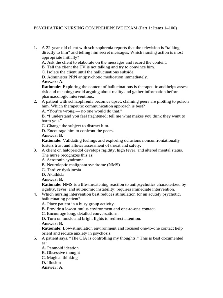 Psychiatric Nursing Exam: Schizophrenia Focus | PDF | Antipsychotic ...