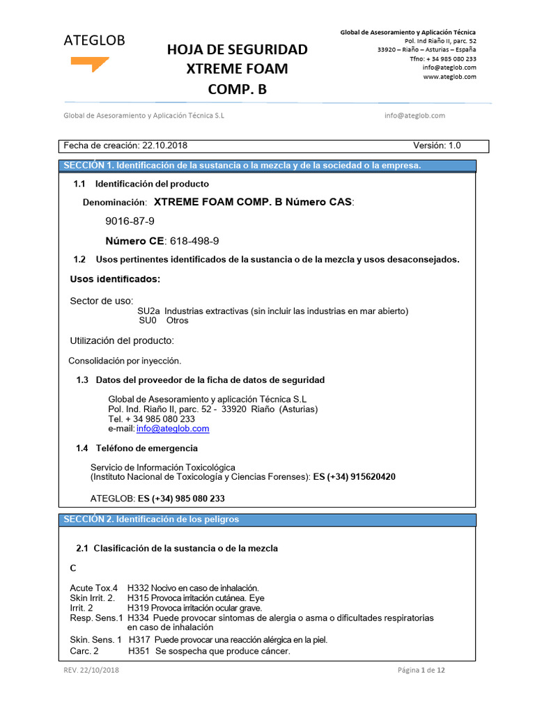 0.6 - MSDS - XTREME FOAM Comp. B ESP | PDF | Alergia | Agua