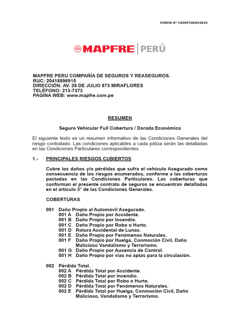 Seguro Vehicular Full Cobertura MAPFRE | PDF | Póliza de seguros | Seguro