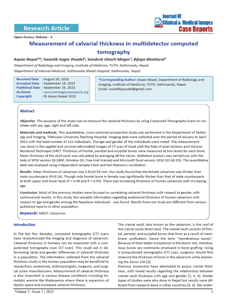 Research Article: Measurement of Calvarial Thickness in Multidetector ...