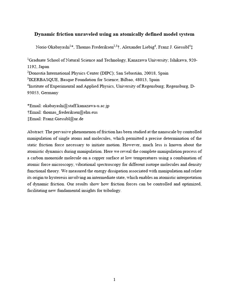 Dynamic Friction Unraveled Using An Atom | PDF | Atomic Force ...