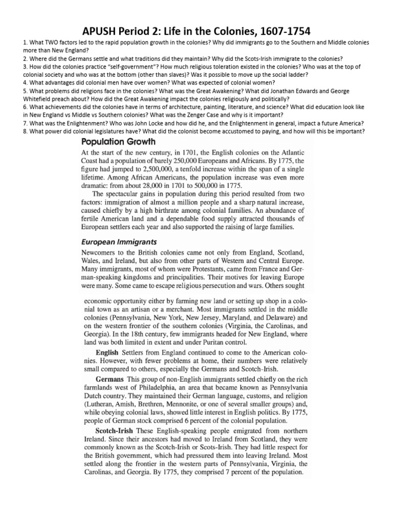 APUSH Colonial Life Reading | PDF
