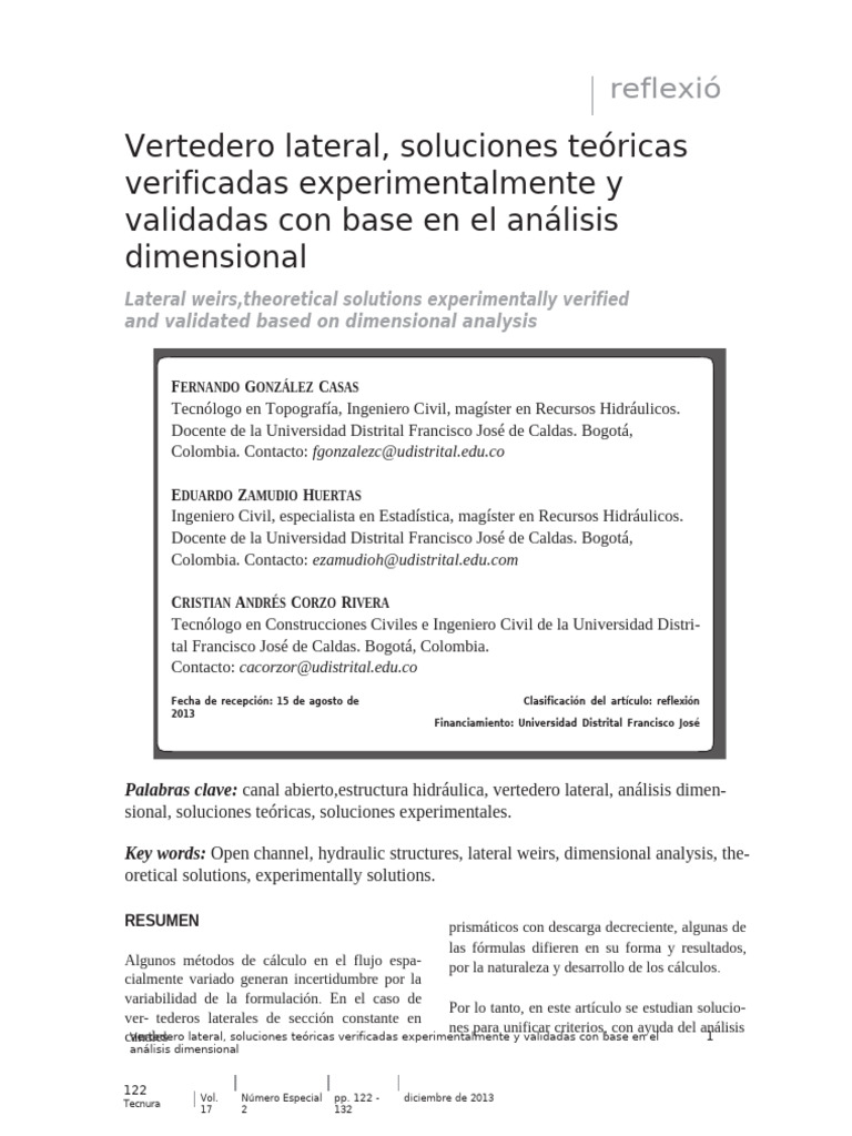 Vertedero Lateral, Soluciones Teóricas Verificadas Experimentalmente y ...