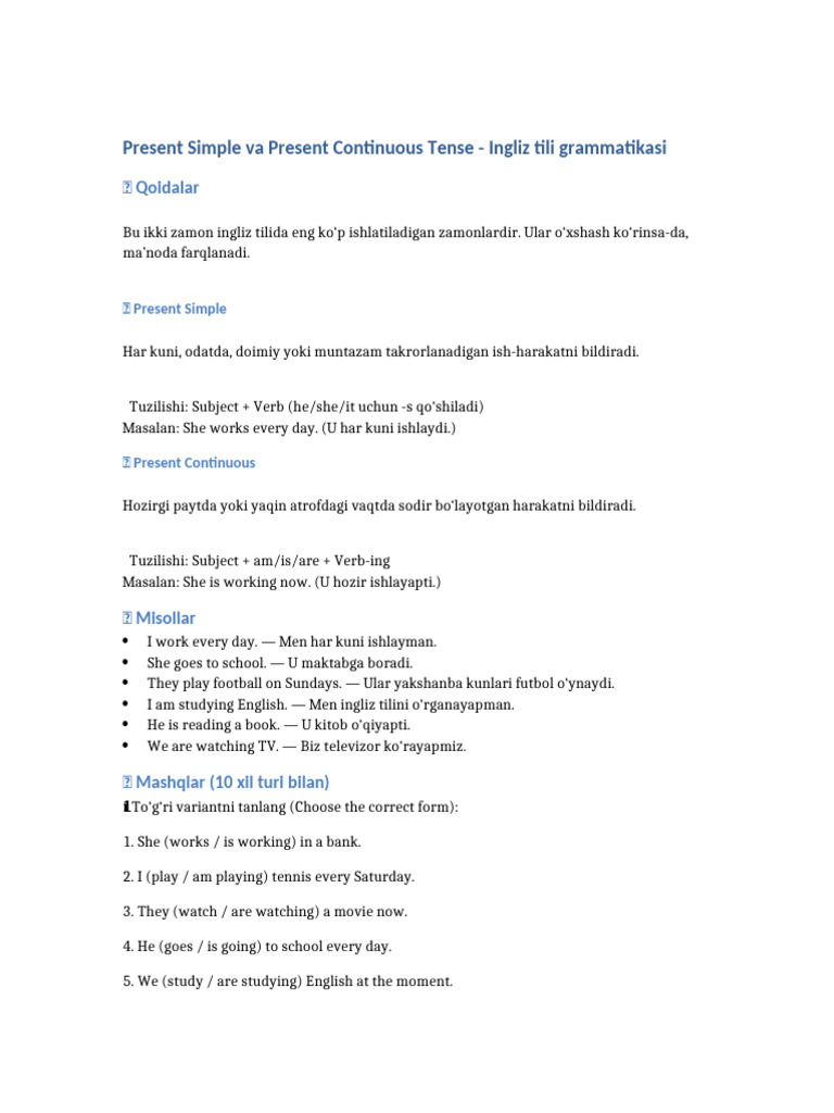 Present Simple and Continuous Tenses Uzbek | PDF | Linguistics | Syntax