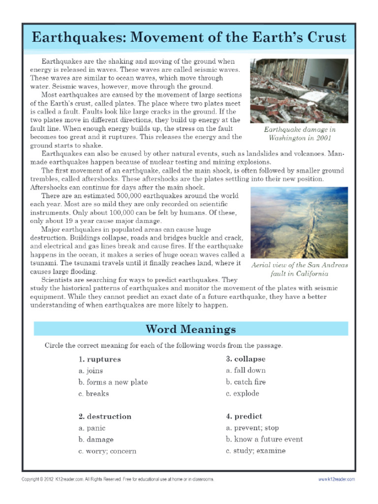 Earthquakes - 7th Grade Reading Comprehension Worksheet | PDF