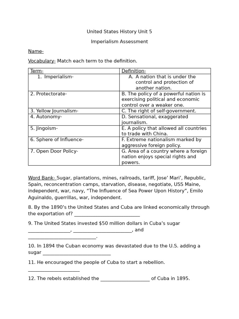 US History Unit 5: Imperialism Assessment | PDF | Cuba | Philippines
