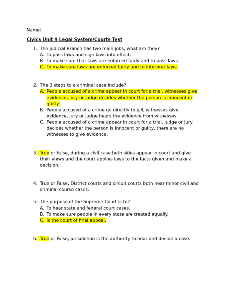 Civics Unit 9: Legal System Test Guide | PDF | Supreme Court Of The ...