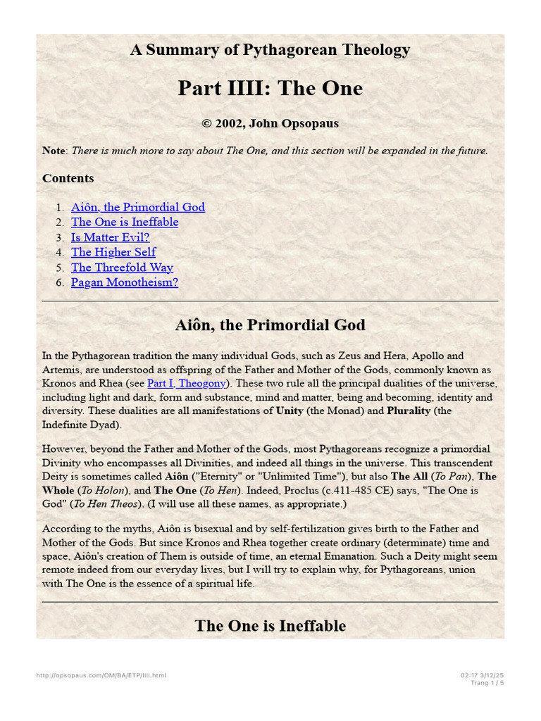 Summary of Pythagorean Theology IIII - The One | PDF | Deities | Divinity