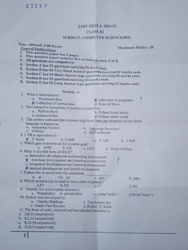 Class 11 Computer Science, Unit Test 1 Question Paper | PDF