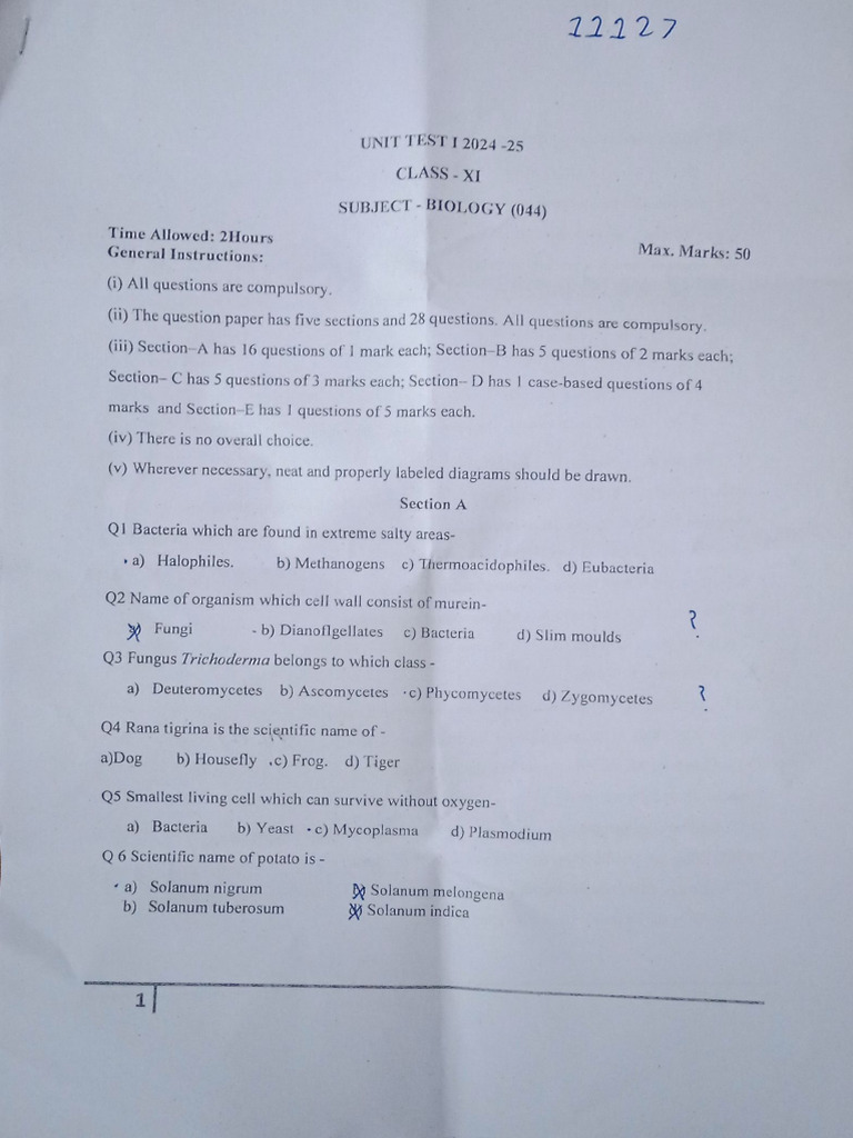 Biology (044) Class 11, Unit Test 1 Question Paper (2024) | PDF