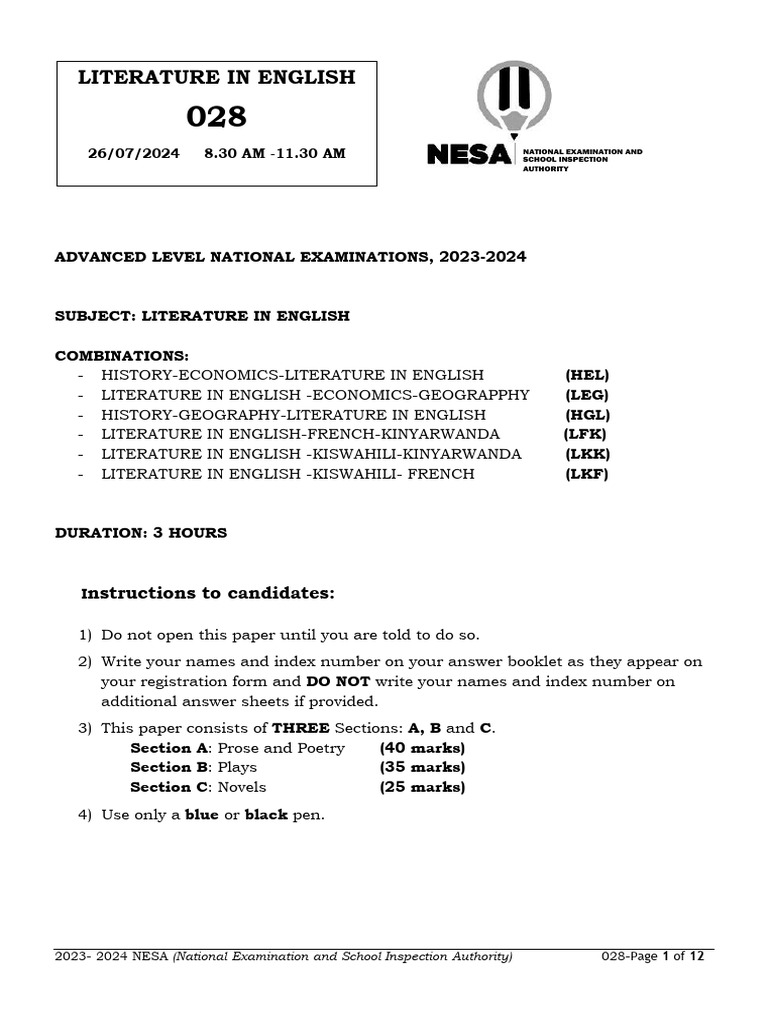 2024 Literature in English Hel Leg Hgl Lfk Lkk Lkf | PDF