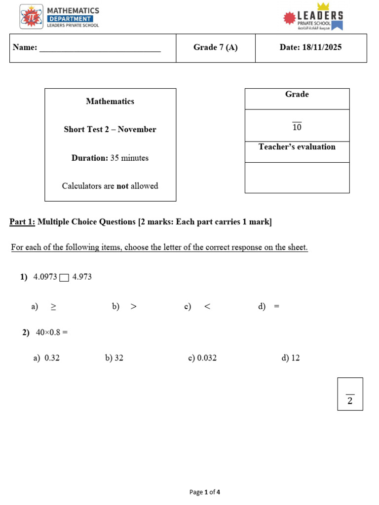 Grade 7 Mathematics Short Test | PDF