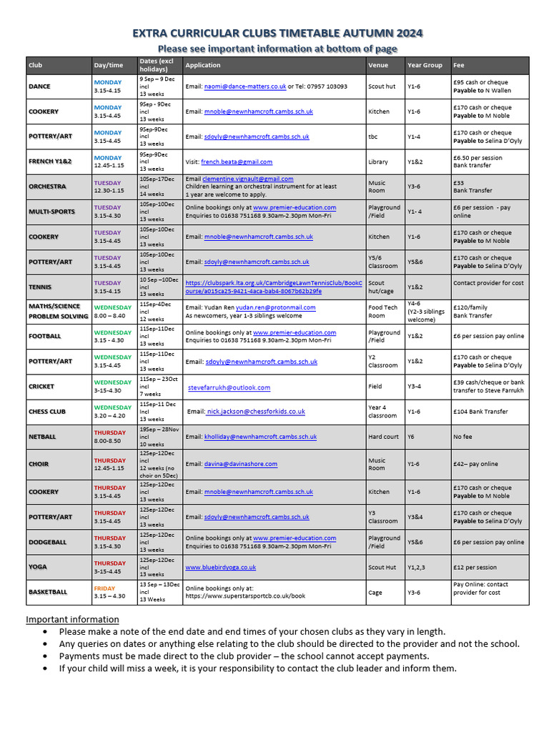 Autumn 2024 Extracurricular Clubs Timetable | PDF