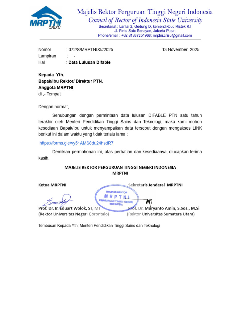 Permintaan Data Lulusan Difable PTN | PDF