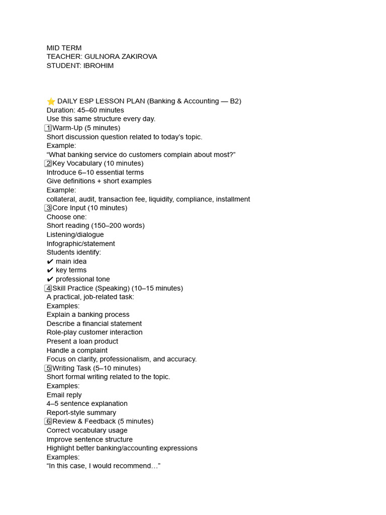 Daily ESP Lesson Plan: Banking & Accounting | PDF | Reading ...