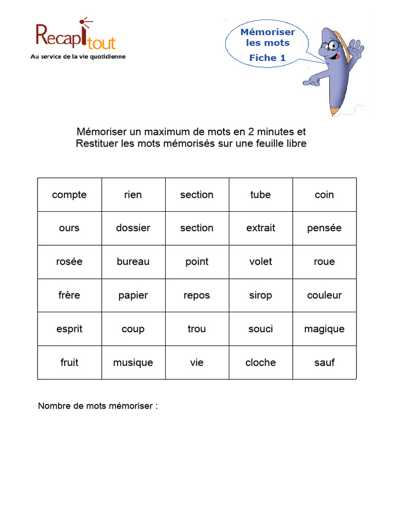 Memorise R Mots Fiche 1 | PDF