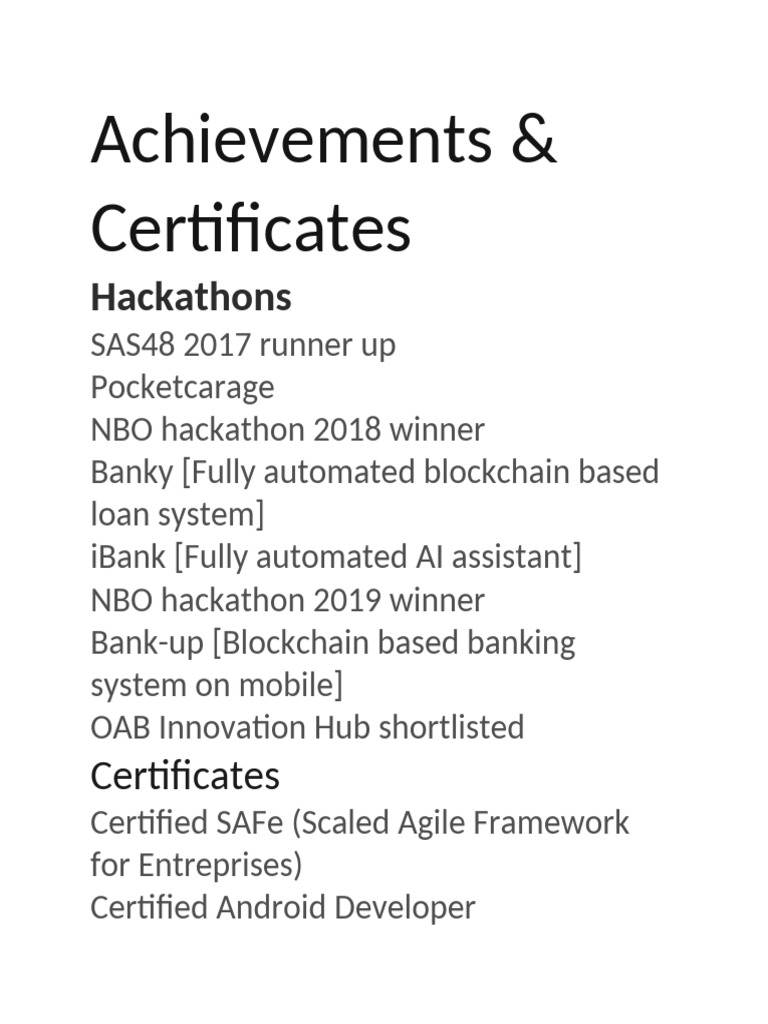 Achievements in Hackathons & Certifications | PDF