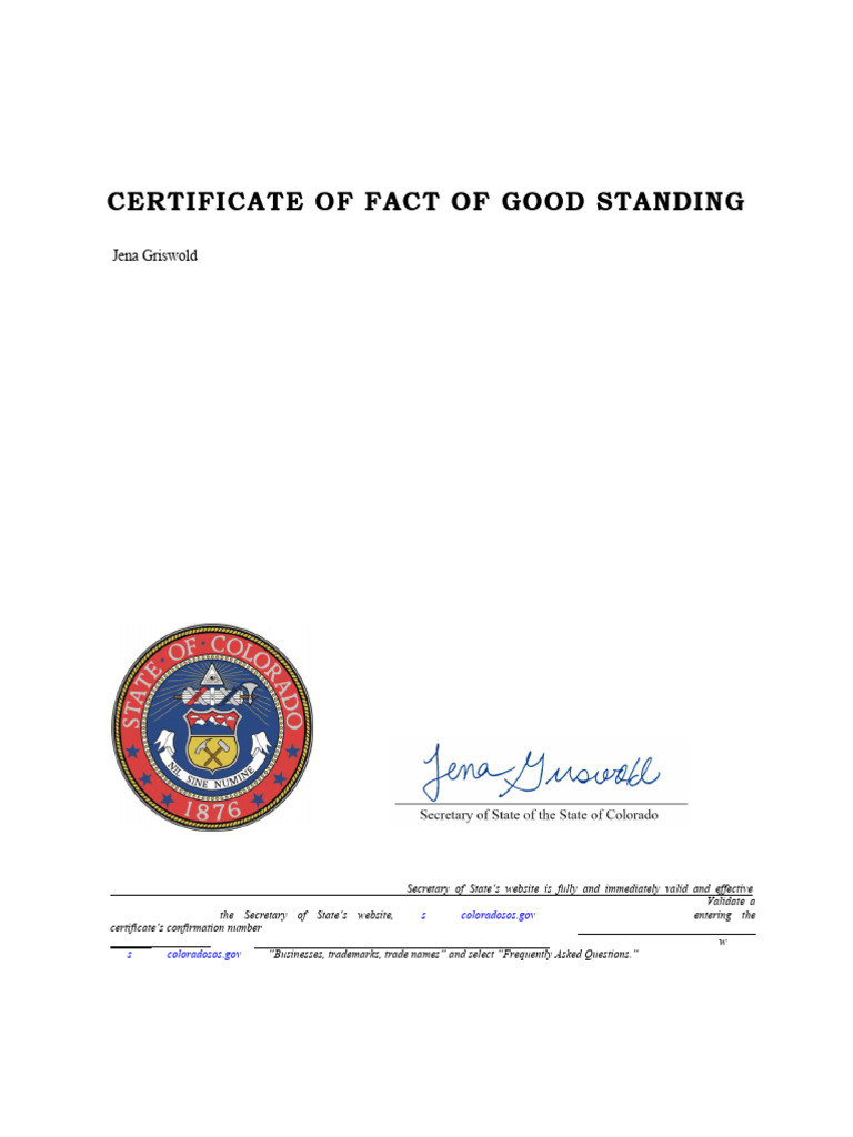 Alg Certificate of Fact of Good Standing | PDF