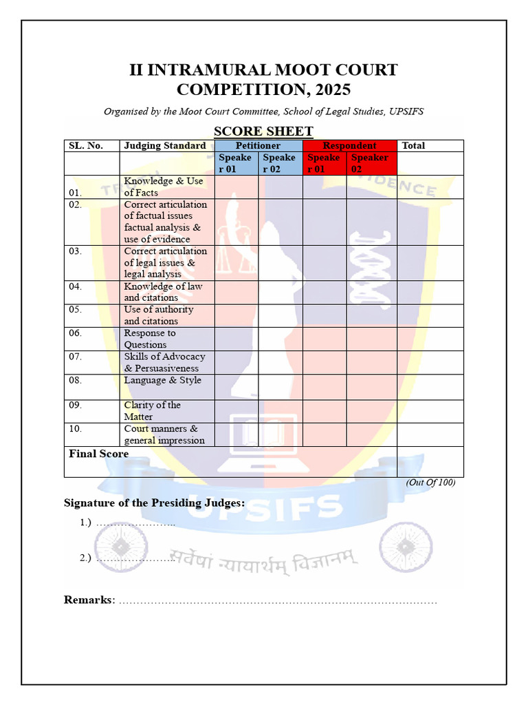 2025 Moot Court Competition Score Sheet | PDF