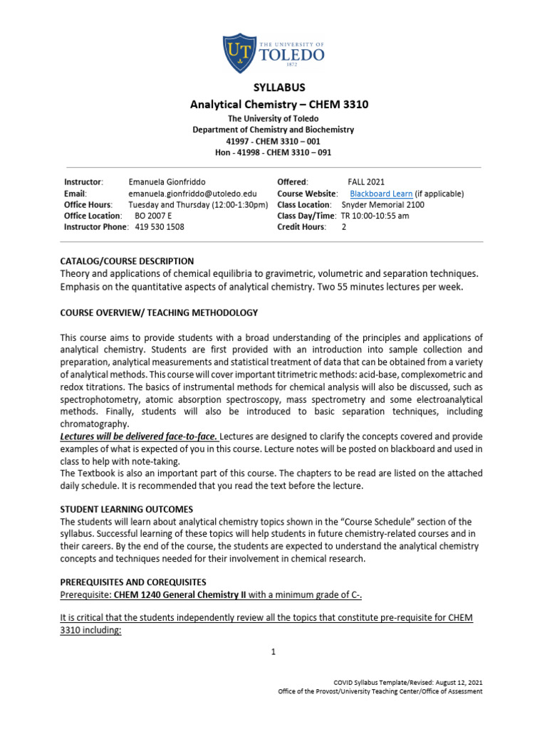 Analytical Chemistry Syllabus - Fall 2021 | PDF | Analytical Chemistry ...