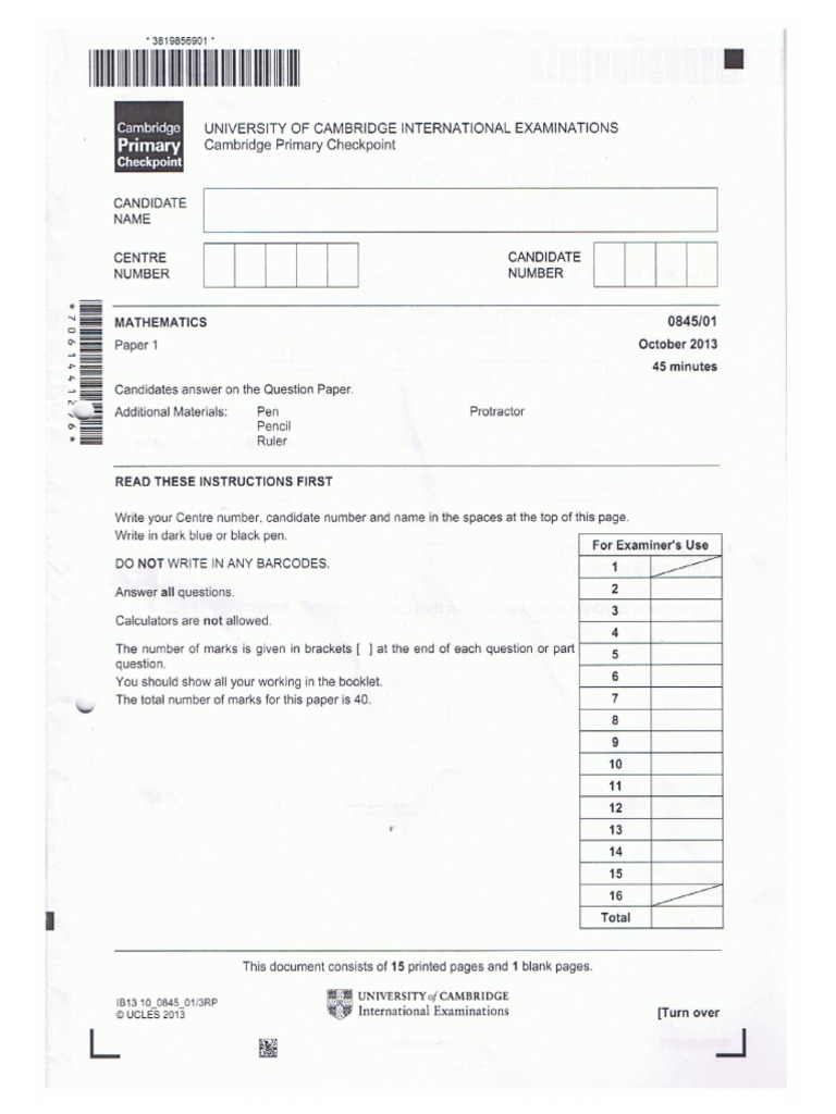 Primary Checkpoint Math 0845 October 2013 Paper 1 | PDF