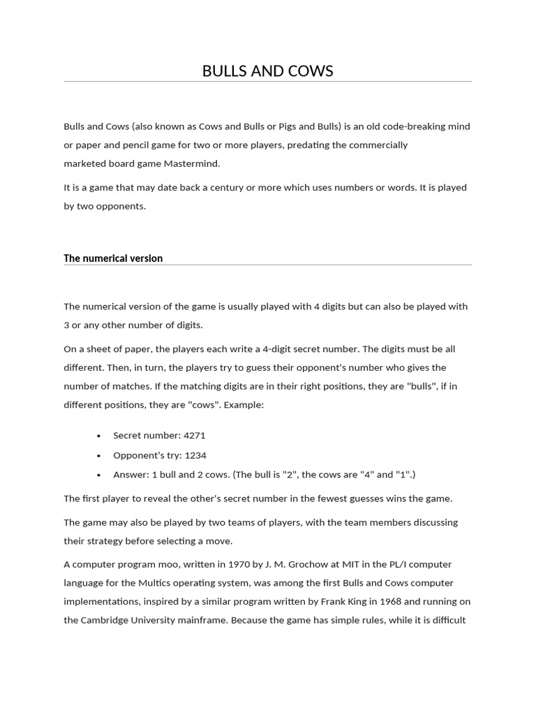 Bulls and Cows Game Rules Explained | PDF | Play (Activity) | Single ...