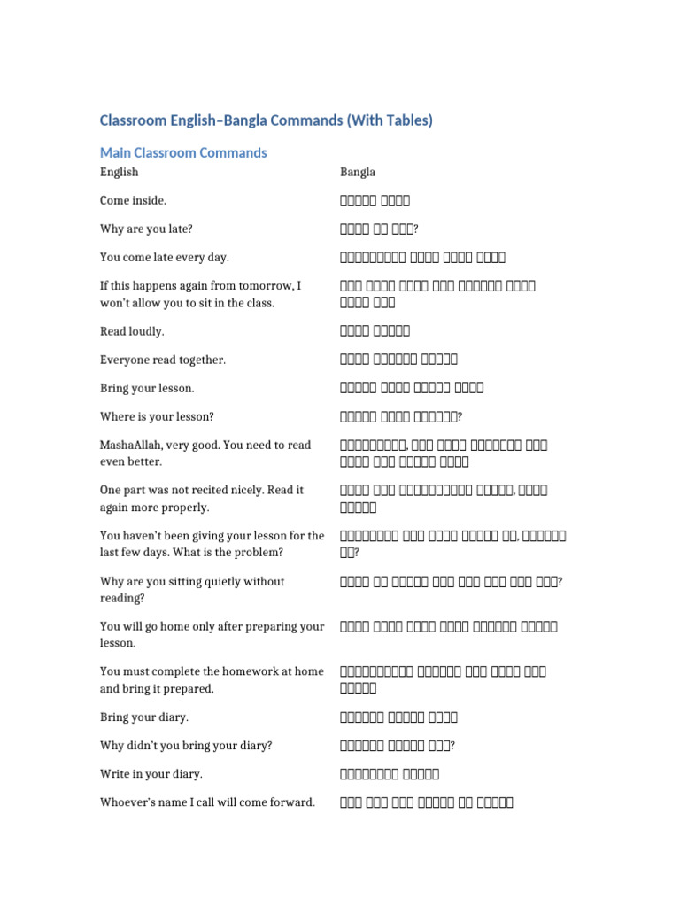 English Bangla Classroom Commands Tables | PDF