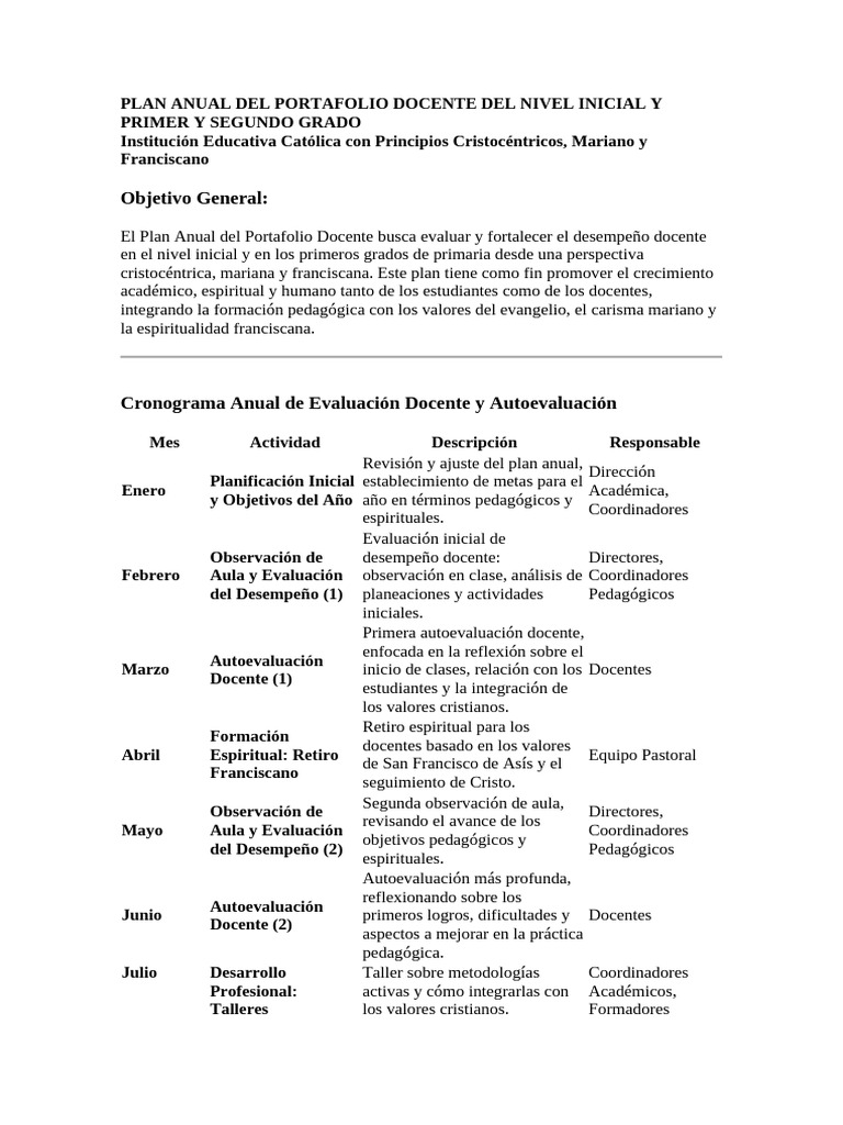 Plan Anual Del Portafolio Docente Del Nivel Inicial y Primer y Segundo ...